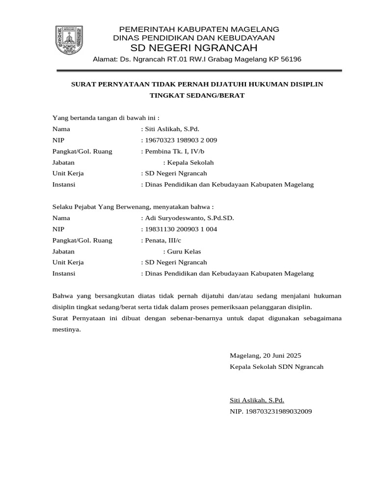 Surat Pernyataan Bebas Hukuman Disiplin | PDF