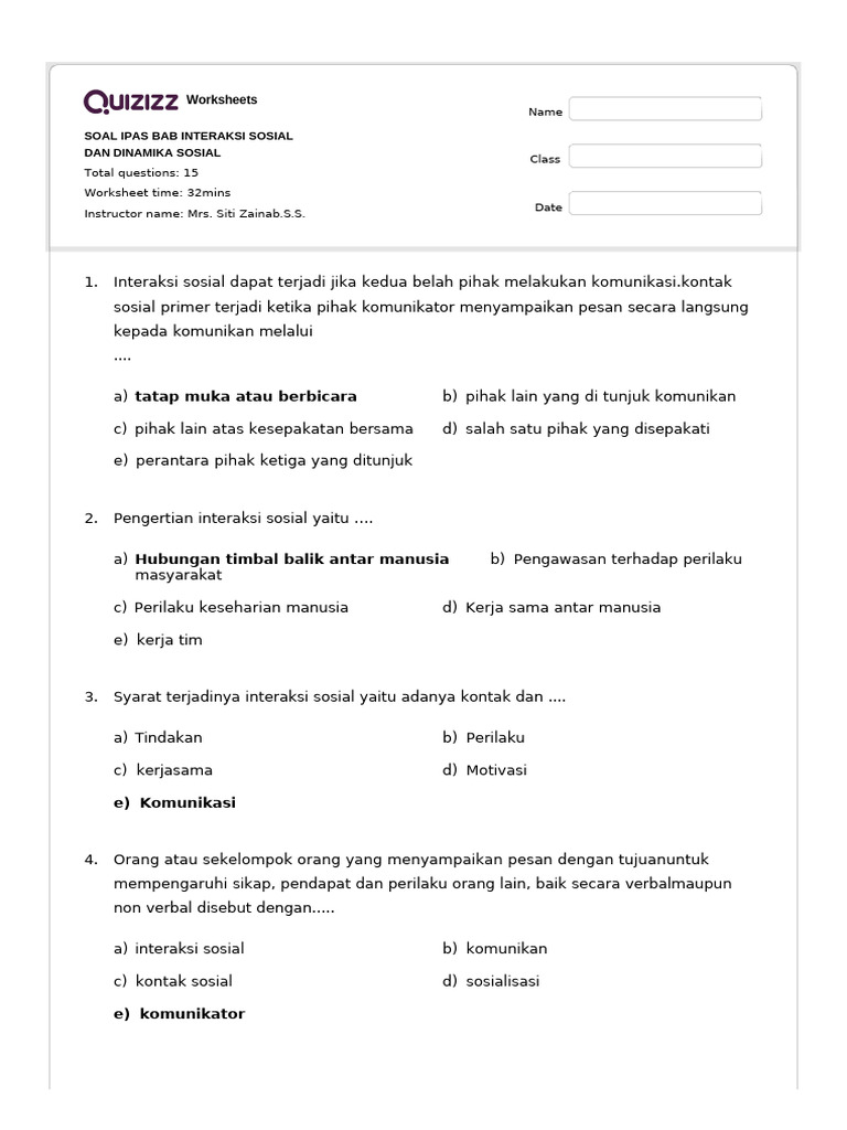 Assoal Ipas Bab Interaksi Sosial Dan Dinamika Sosial Quizizz | PDF