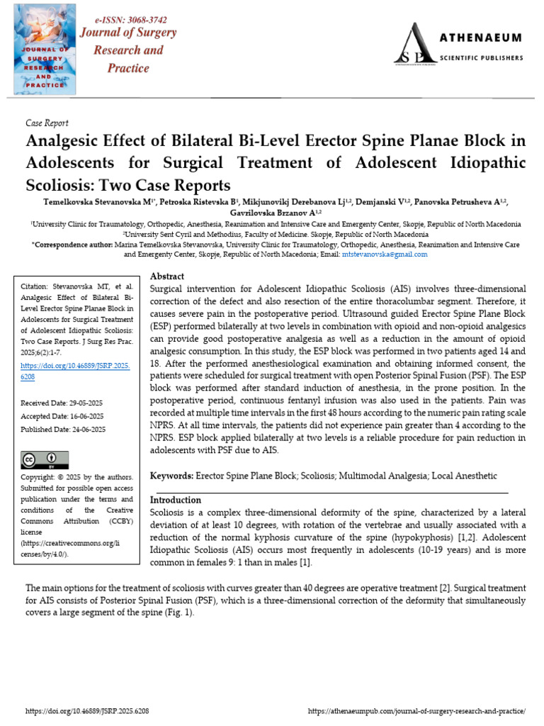 Analgesic Effect of Bilateral Bi Level Erector Spine Planae Block in ...