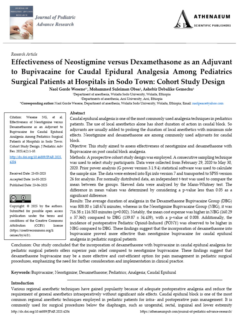 Effectiveness of Neostigmine Versus Dexamethasone As An Adjuvant To Bupivacaine For Caudal ...