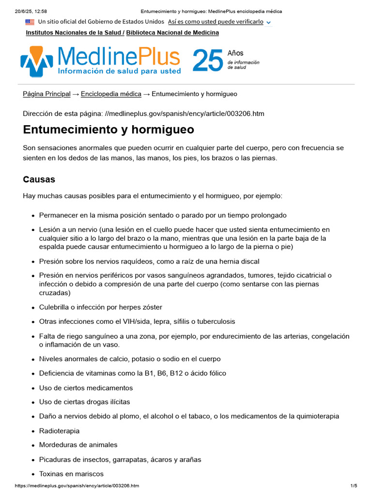 Causas del entumecimiento y hormigueo | PDF | Parestesia | Diabetes