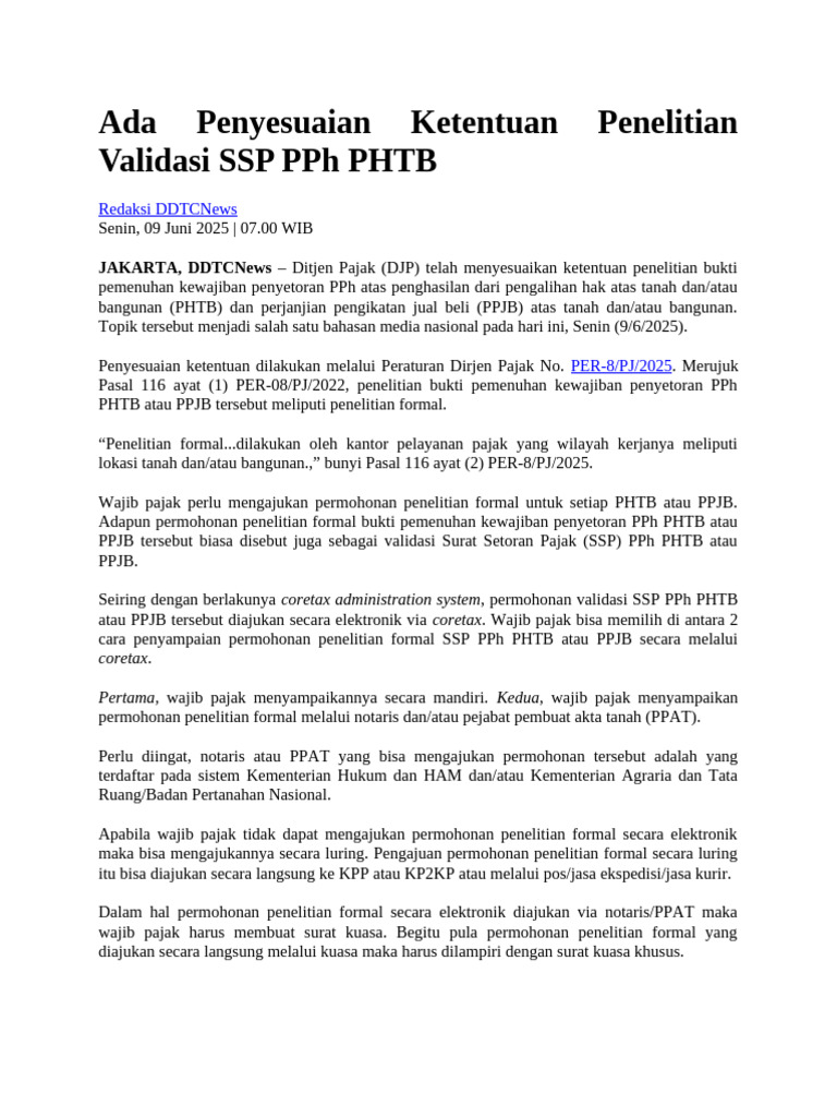 Ada Penyesuaian Ketentuan Penelitian Validasi SSP PPH PHTB | PDF