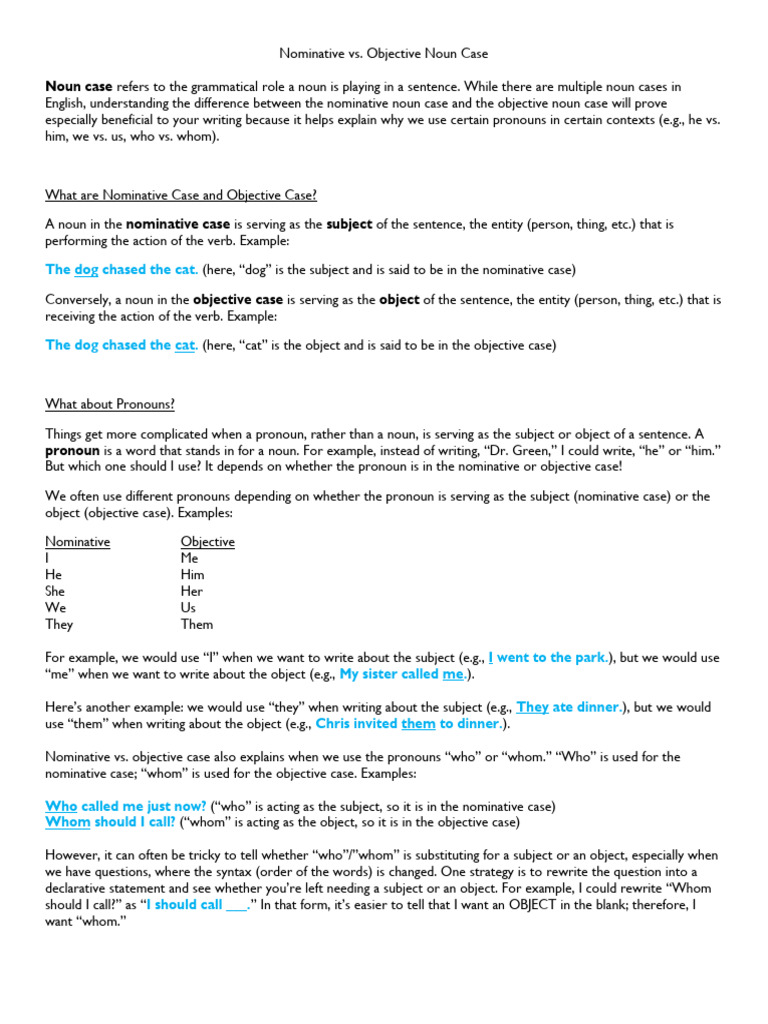 Nominative vs. Objective Noun Case | PDF | Noun | Pronoun
