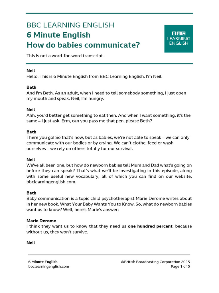 6 Minute English How Do Babies Communicate Transcript - 8 | PDF | Infants