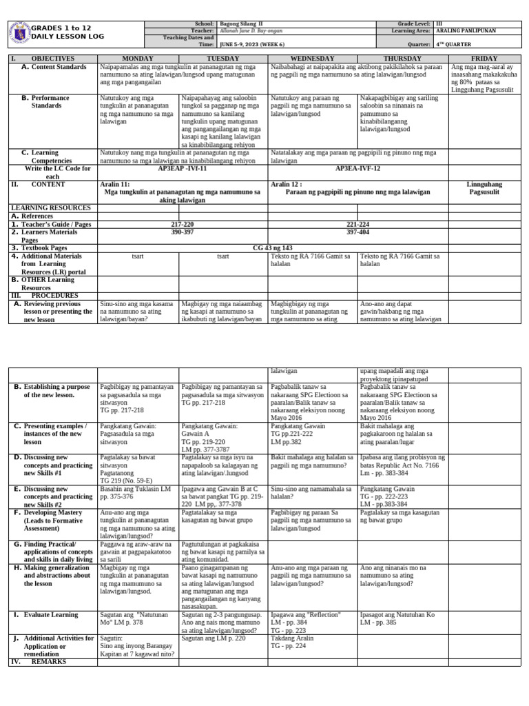 DLL Araling Panlipunan 3 q4 w6 | PDF