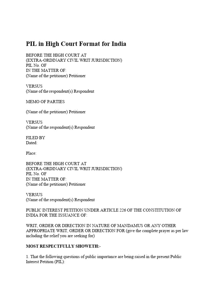 PIL Drafting Format for High Court | PDF | Mandamus | Writ