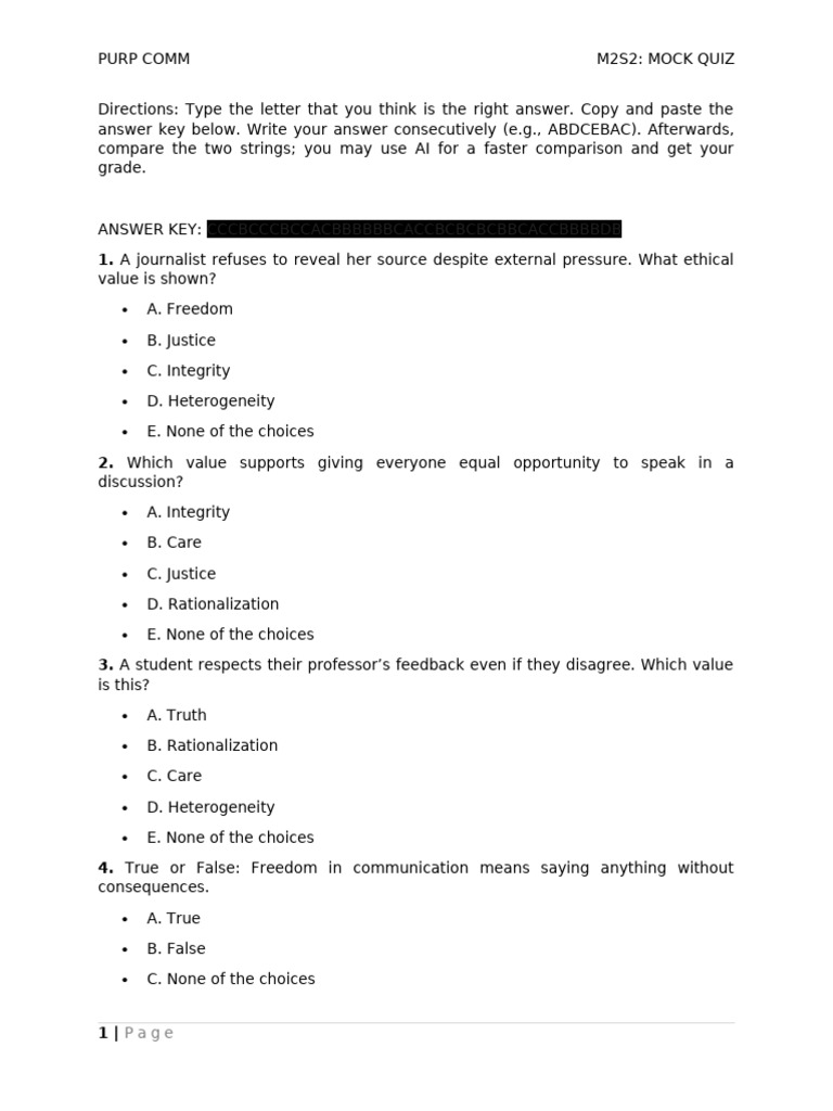 Purp Comm - m2s2 Mock Quiz | PDF | Integrity | Truth