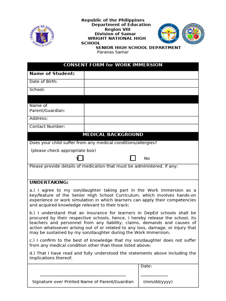 Work Immersion Consent Form Template | PDF