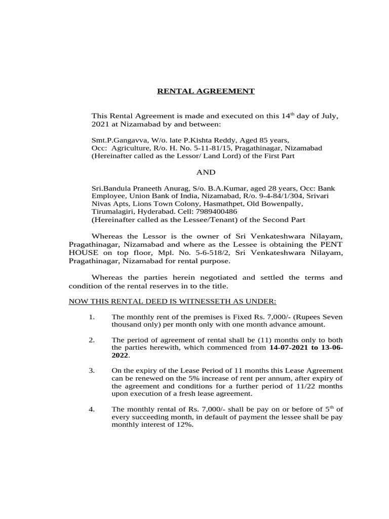 Agreement Rental PHR Pragathinagar Pent House | PDF | Lease | Real ...