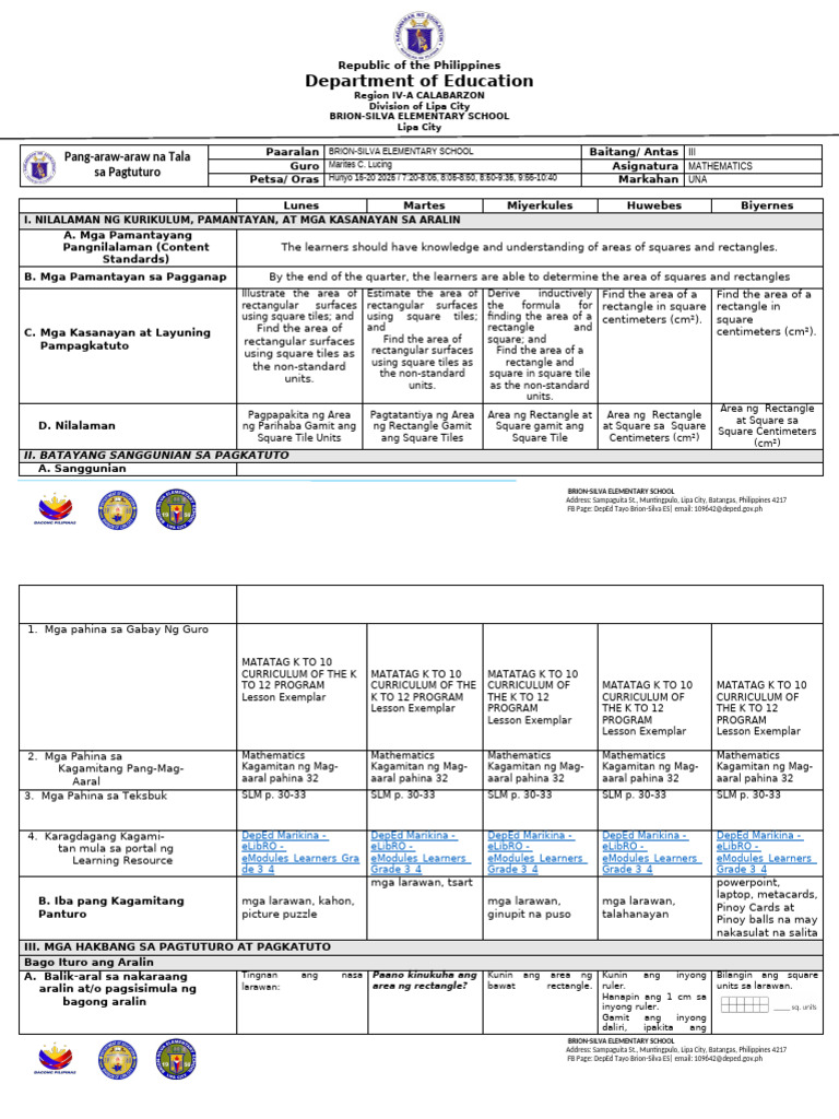 Math DLL w1q1 Tagalog | PDF