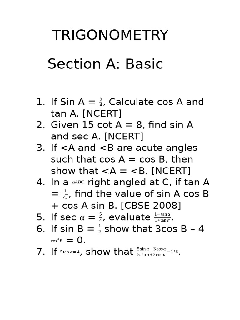 CBSE Mathematics Trigonometry Class X Worksheet and Question Bank | PDF ...