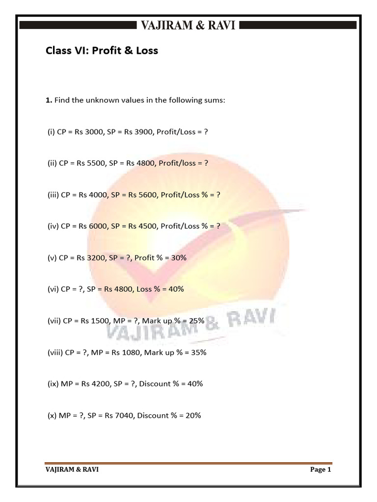 Class VI Profit & Loss Exercises | PDF | Prices | Business