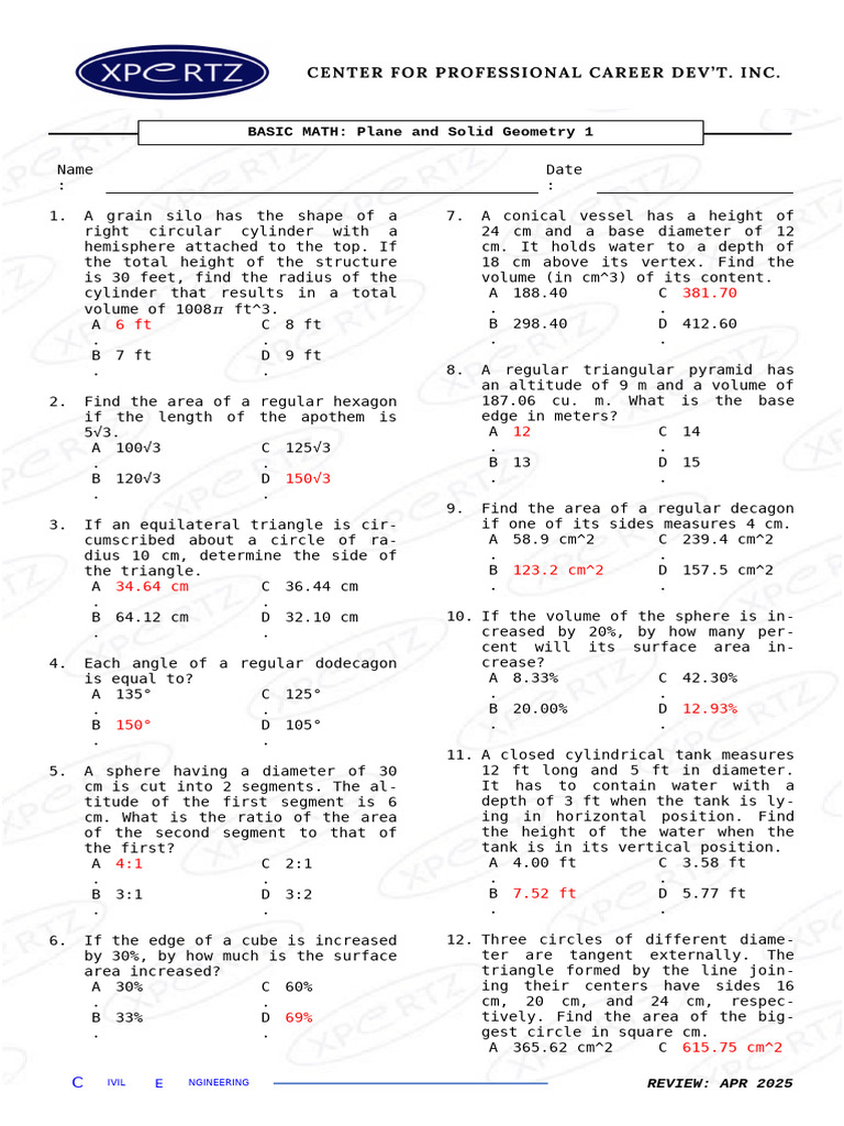 APR2025 Review Plane and Solid Geom 1 Practice Problems Answer Key | PDF | Area | Triangle
