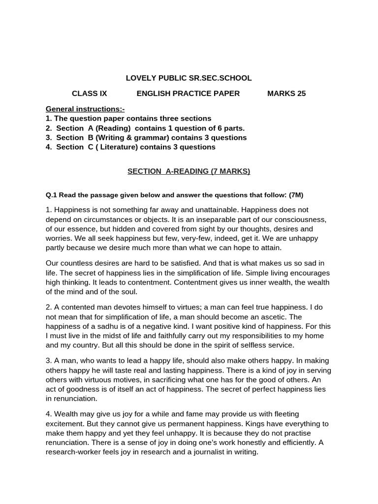 Class IX English Practice Paper | PDF | Contentment | Happiness