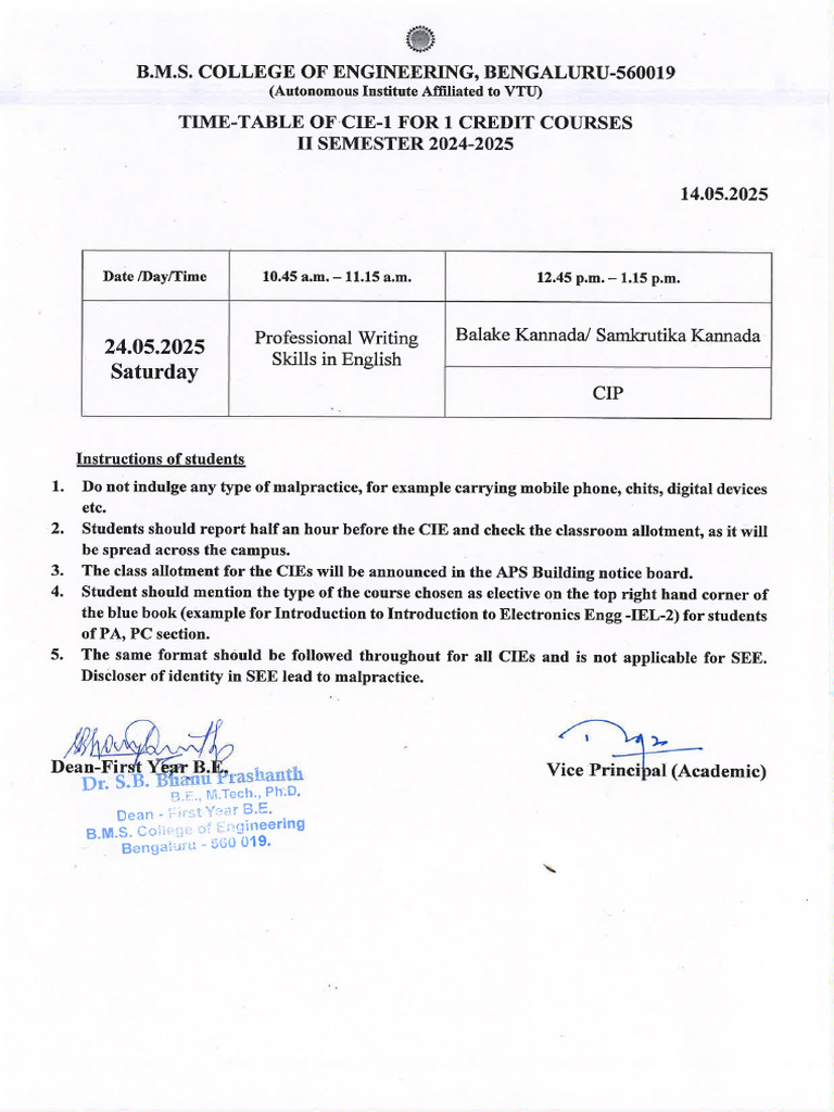 Timetable of Cie-I For I Credit Courses - Ii Semester 2024-25 | PDF