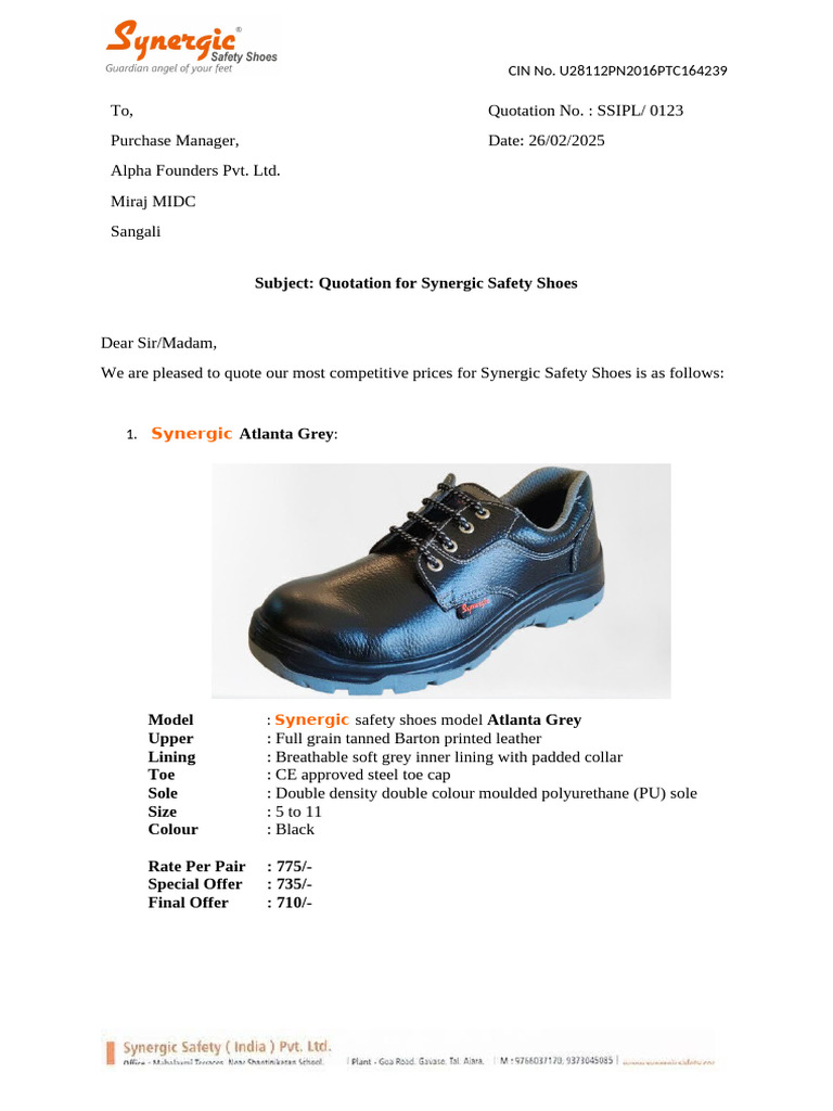 Quotation for Synergic Safety Shoes | PDF