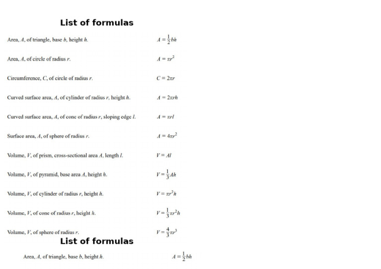 List of Formulas | PDF
