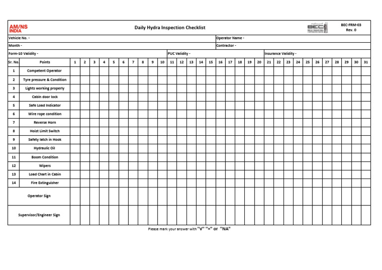 BEC-FRM-03 Daily Hydra Inspection Checklist | PDF