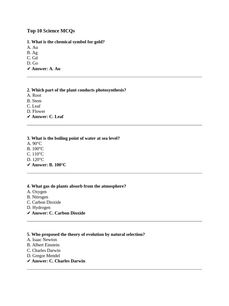 Top 10 Science MCQs | PDF