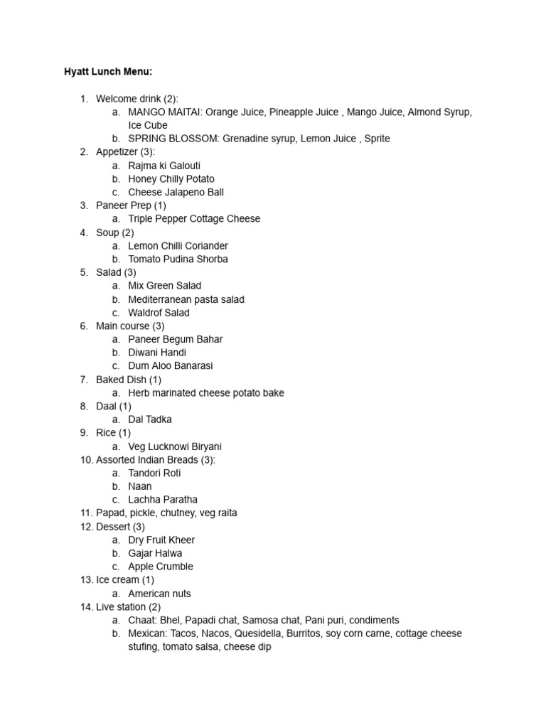 Hyatt Lunch Menu Overview | PDF