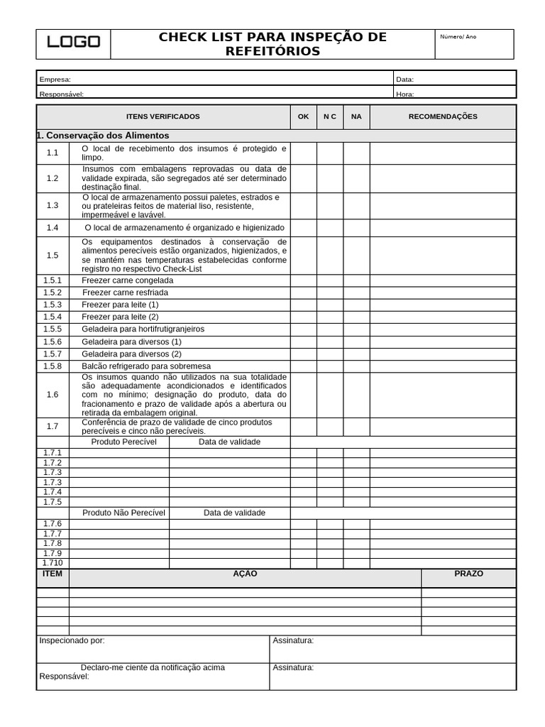 Check List de Inspeção para Refeitórios | PDF | Geladeira | Alimentos