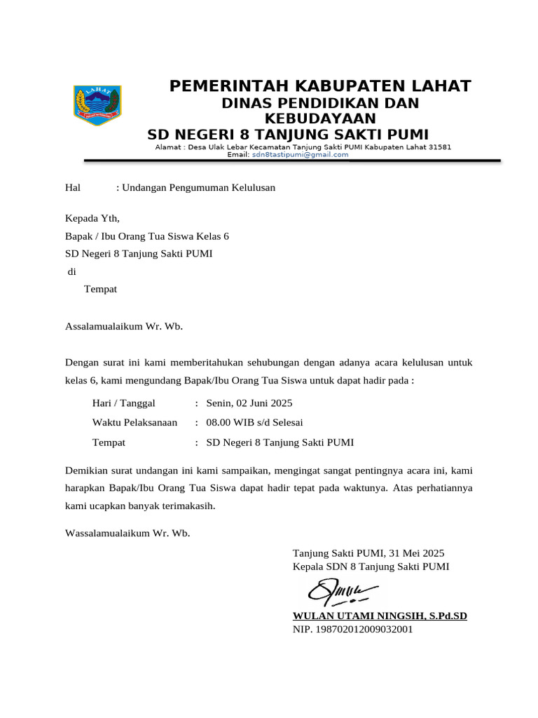 Surat Undangan Kelulusan KLS 6 | PDF