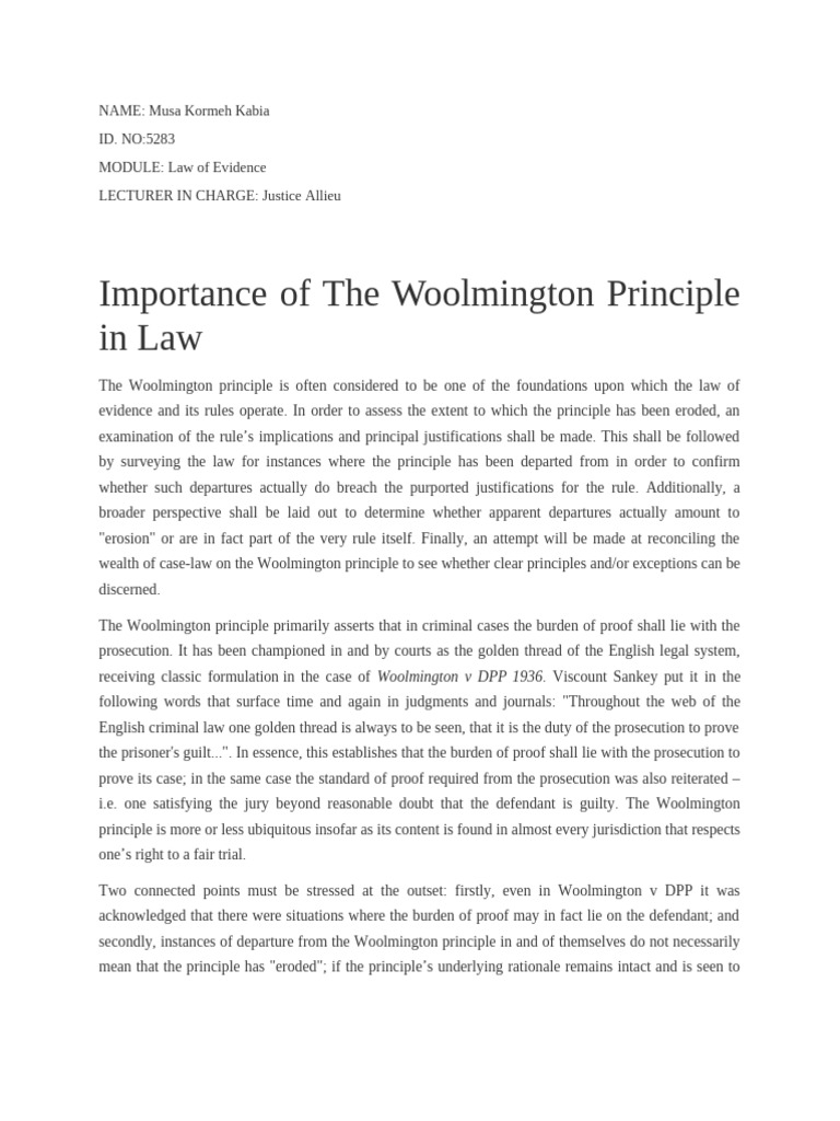 Importance of the Woolmington Principle | PDF | Burden Of Proof (Law ...