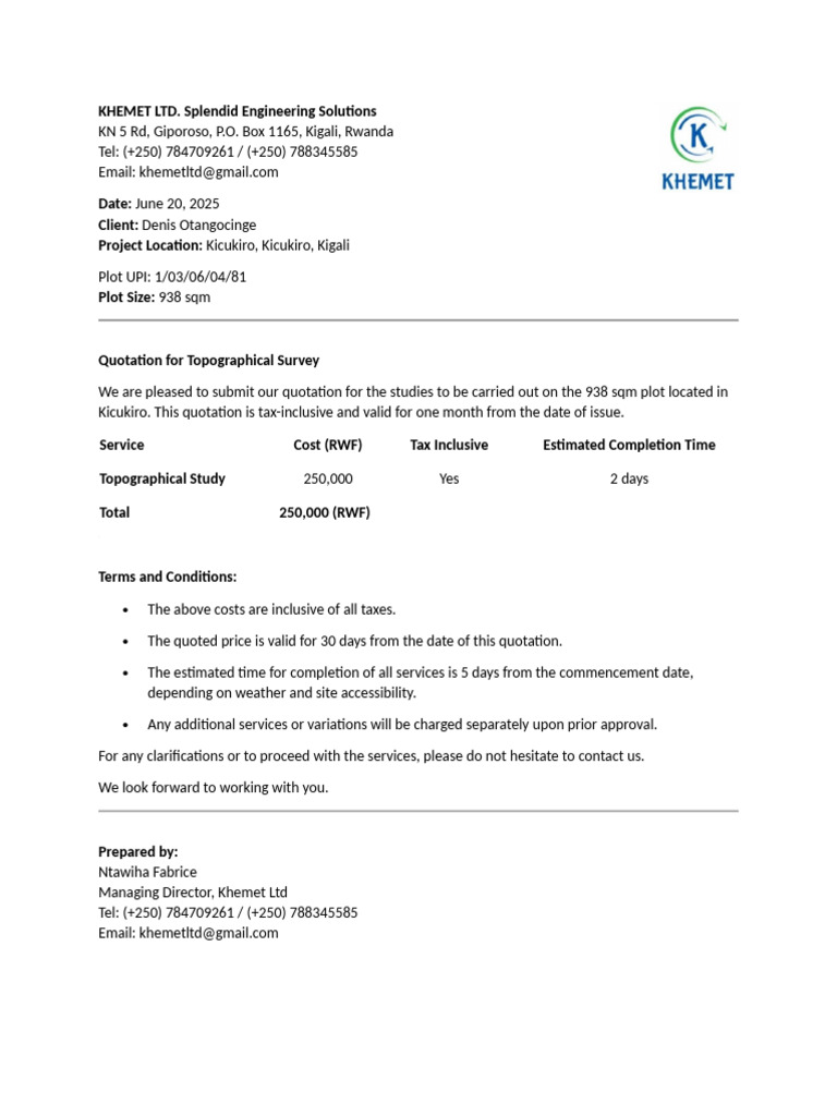 Quotation For Topographical Survey - Denis | PDF