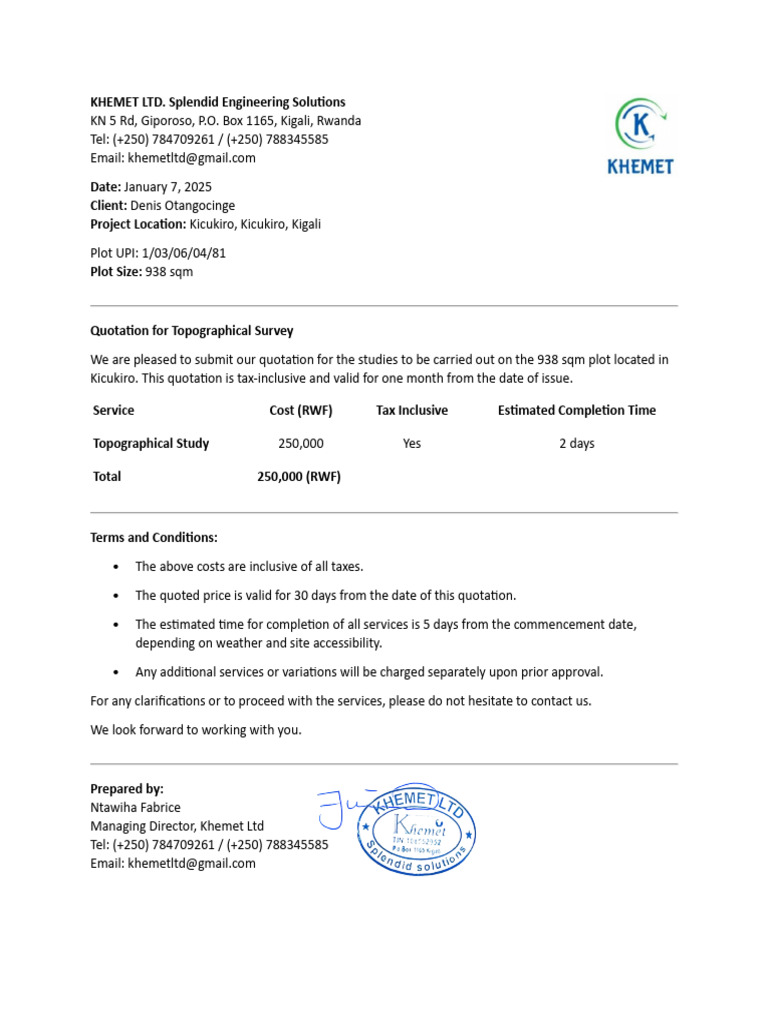 Quotation For Topographical Survey - Denis | PDF
