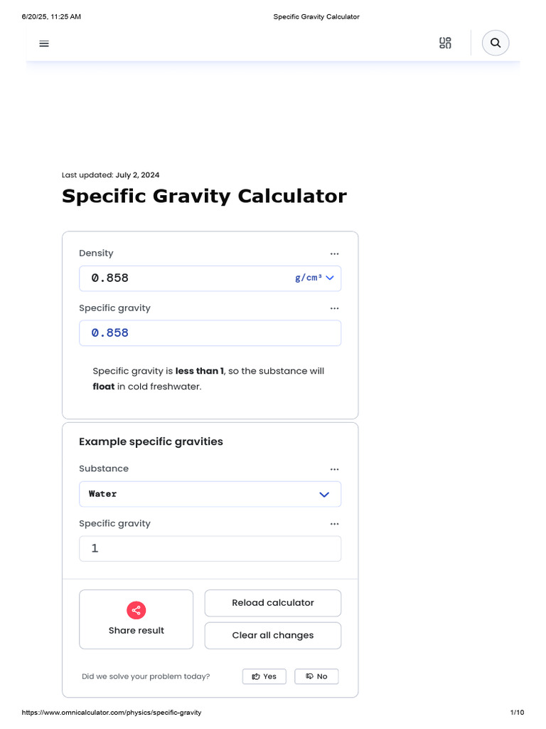 Specific Gravity Calculator | PDF | Density | Physical Quantities