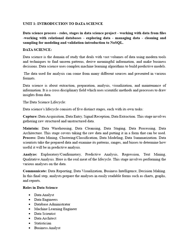 Unit 1 Introduction To Datascience | PDF | Data Science | Data Analysis