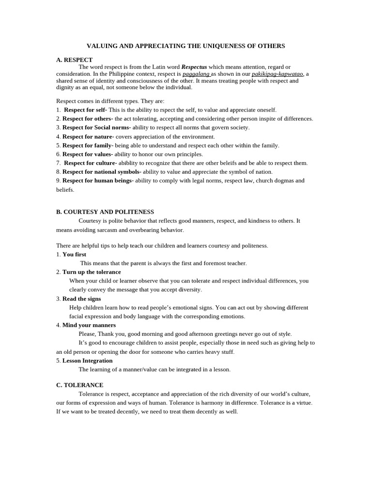 Valuing and Appreciating The Uniqueness of Others | PDF | Learning ...