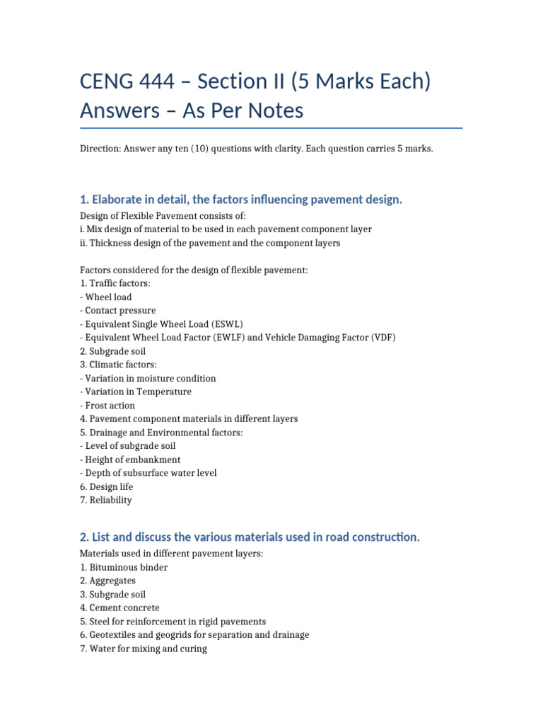 CENG 444 Section II Q1 To Q5 As Per Notes | PDF