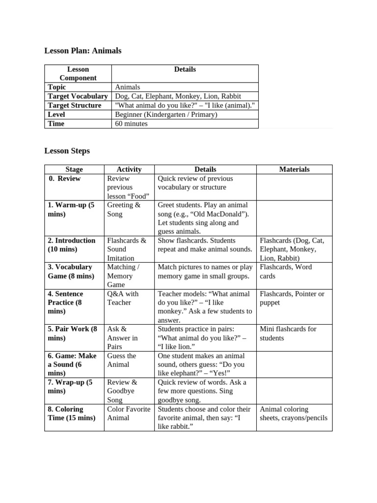 Lesson Plan Animal | PDF
