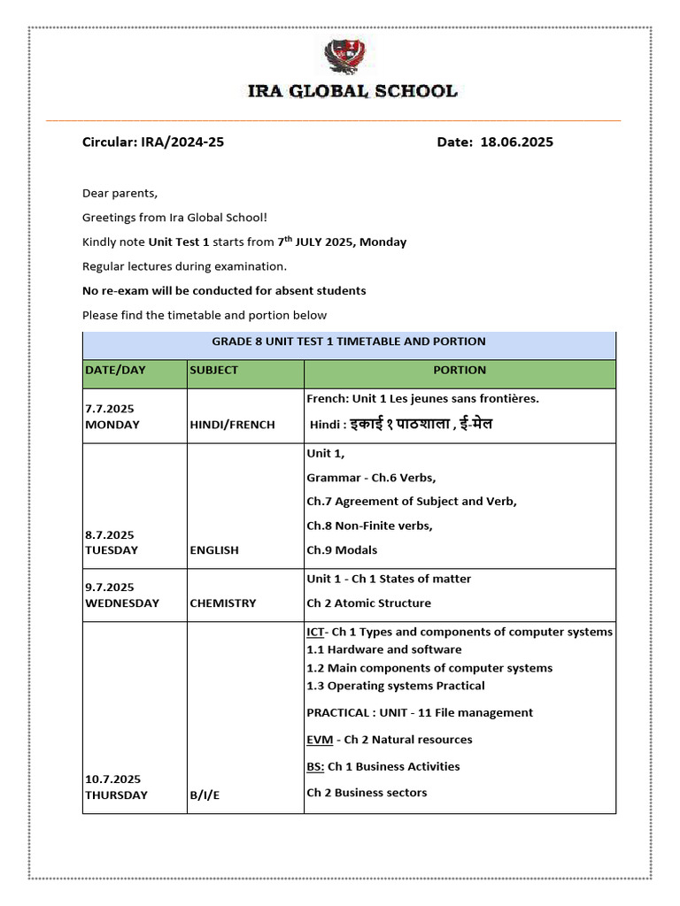 Grade 8 UT 1 Timetable and Portion | PDF