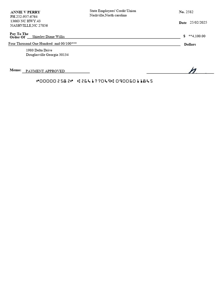 C000002582C A264177049A 09006011845: No. Annie V Perry Date Pay To The ...