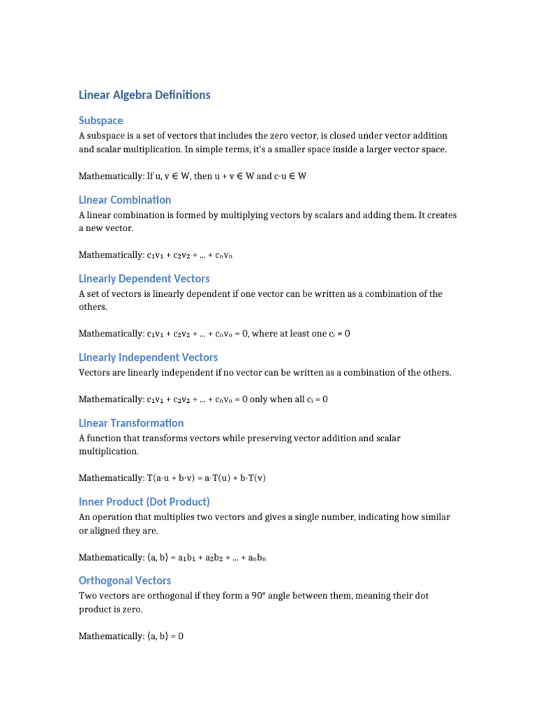 Linear Algebra Definitions | PDF
