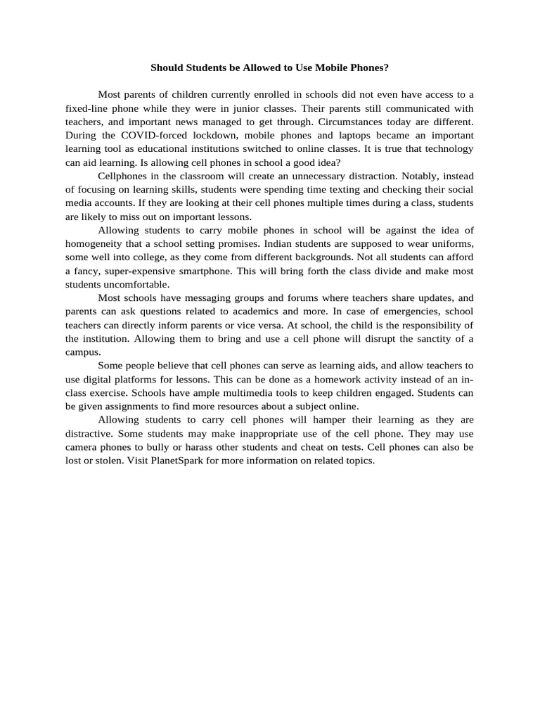 Should Students Be Allowed To Use Mobile Phones | PDF
