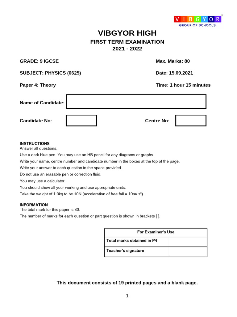 CAIE Gr9 Physics P4 QP AY21-22 | PDF | Gases | Pressure