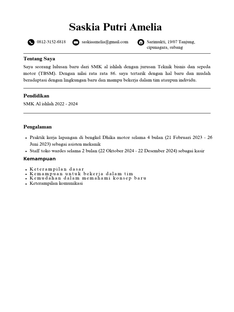 CV Saskia Putri Amelia - 20250526 - 231654 - 0000 | PDF