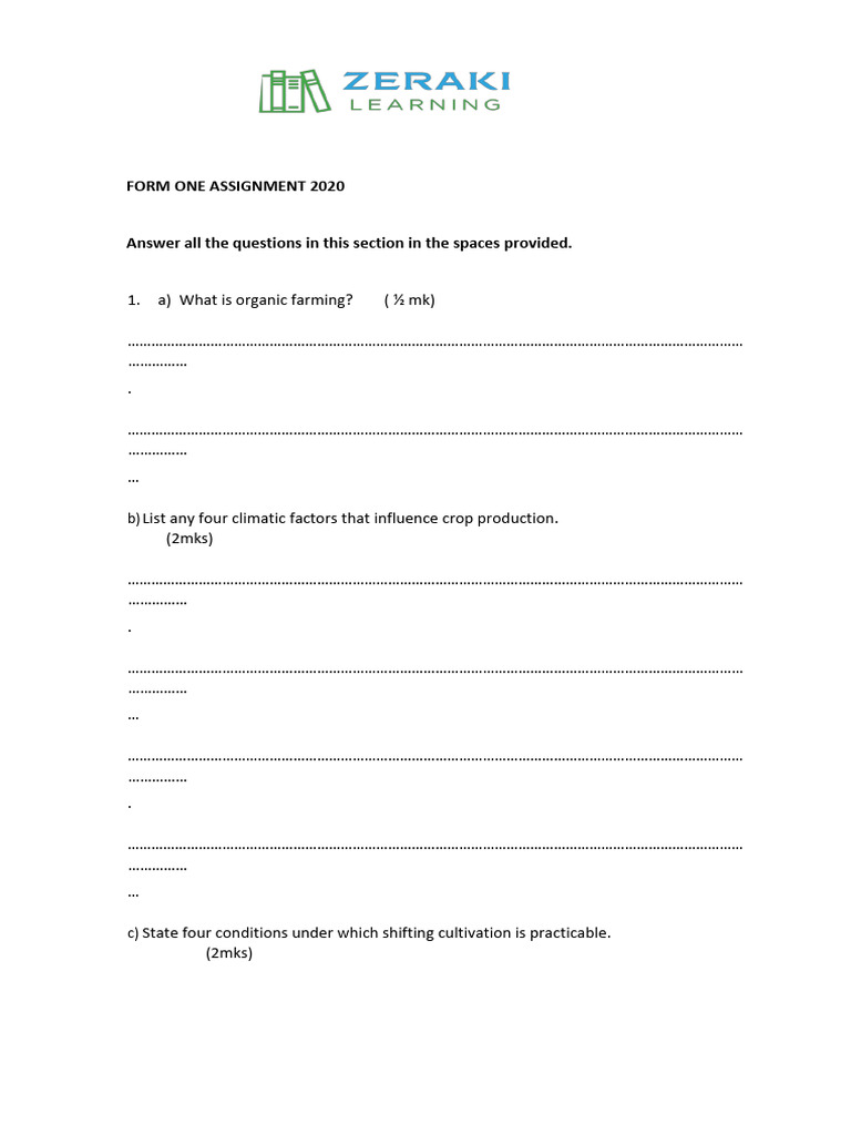 Form 1 Agriculture Assignment 218 1590681638603 Zeraki Learning | PDF ...