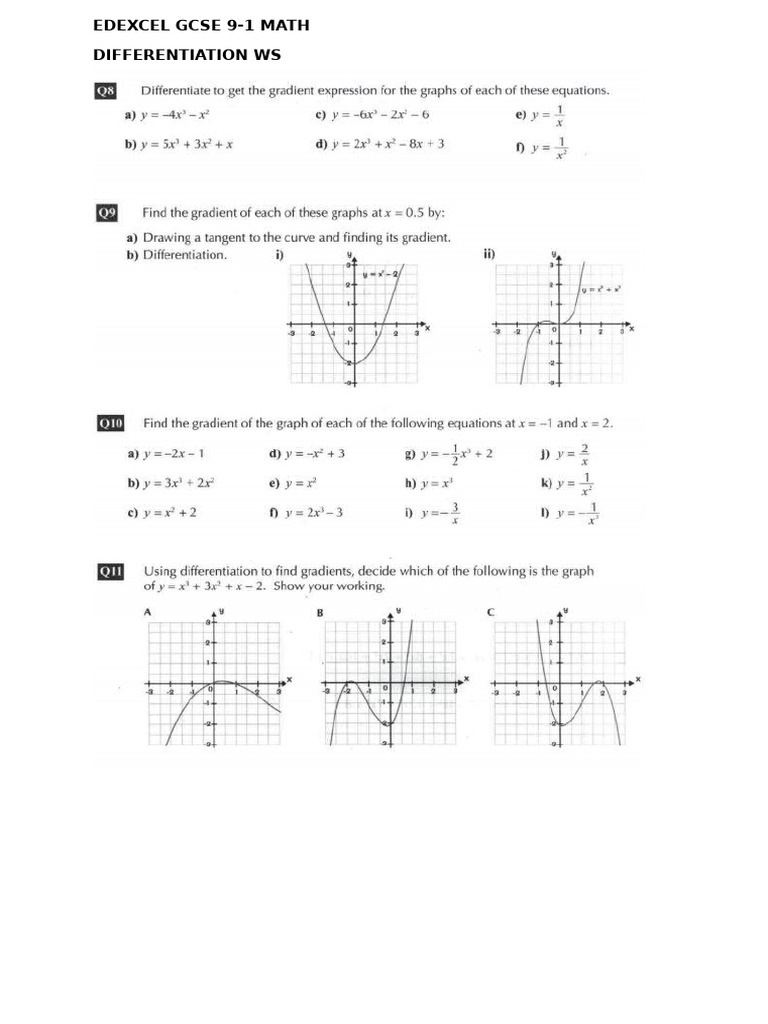 Edexcel Gcse 9-1 Math Differentiation Ws | PDF