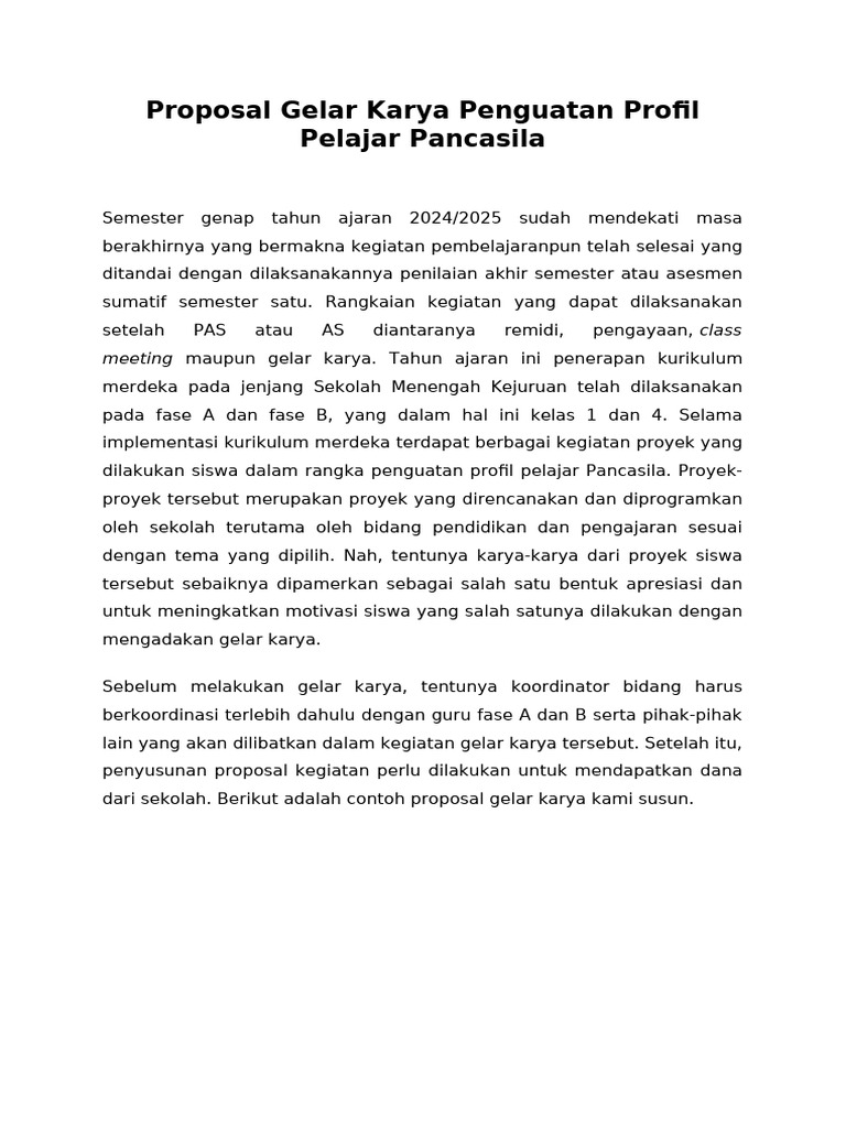Proposal Gelar Karya P5 (Penguatan Profil Pelajar Pancasila) | PDF