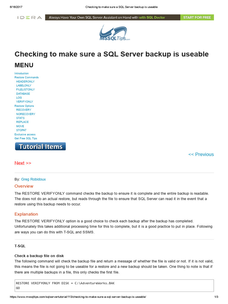 Checking To Make Sure A SQL Server Backup Is Useable | PDF | Backup | Microsoft Sql Server