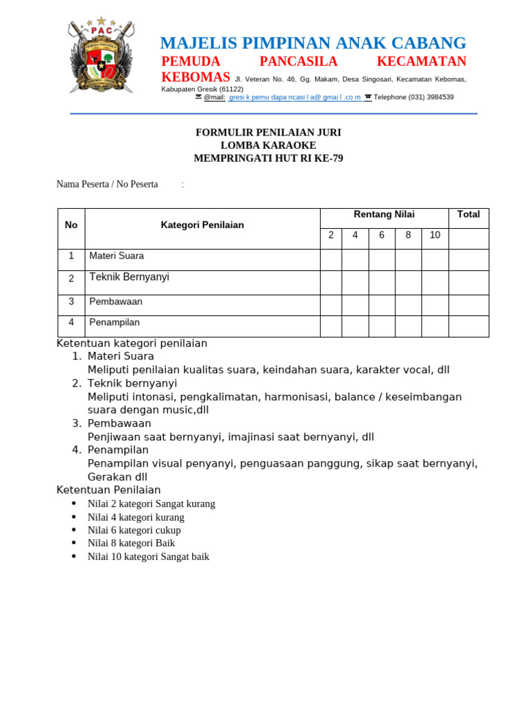 Formulir Penilaian Lomba Karaoke | PDF