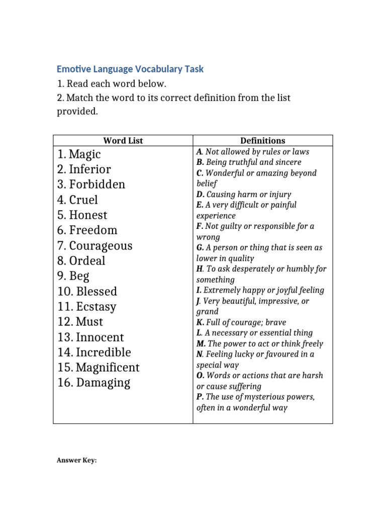 Emotive Language Vocabulary Task | PDF