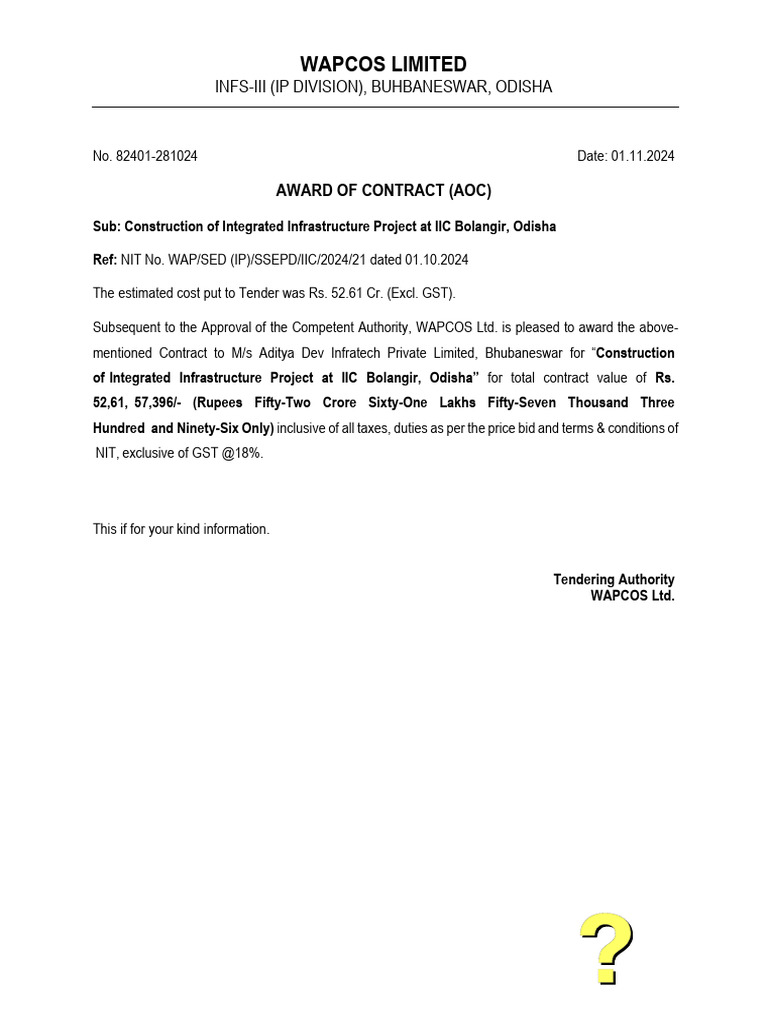 LOA To Aditya Dev Infratech Pvt. Ltd. | PDF