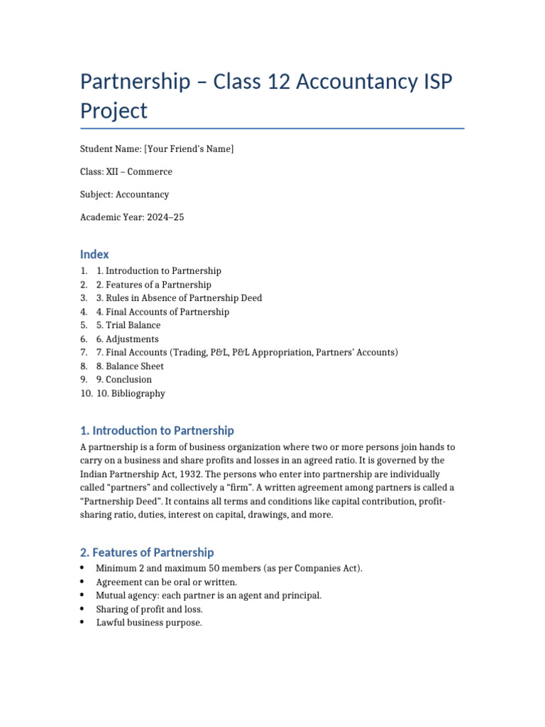 Partnership Project Report Class 12 | PDF
