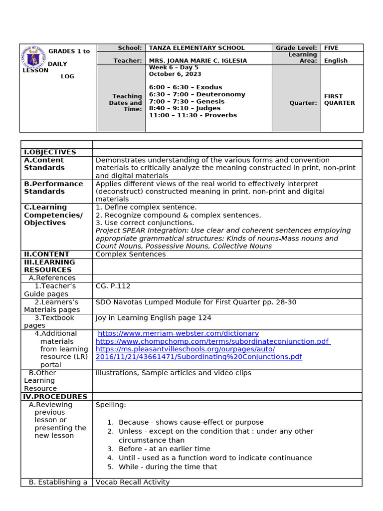 DLP q1 Week6 Day5 Subordinating Conjunctions | PDF | Clause | Cognitive Science