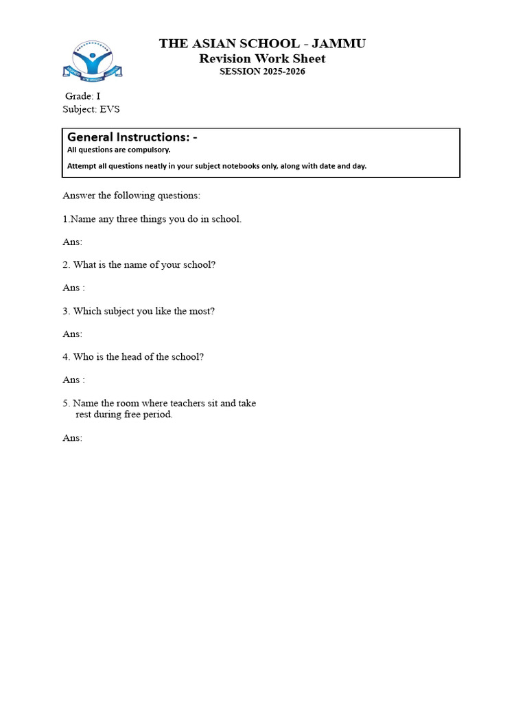 Revision Sheet Class 1 | PDF